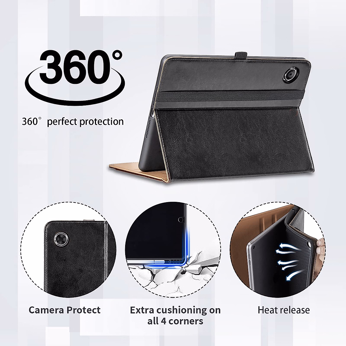 Case for Samsung Galaxy Tab A8 10.5 inch 2022 (SM-X200/X205/X207), Premium PU Leather Tablet Case with Hand Strap Large Pocket Auto Wake/Sleep Smart Cover, Black