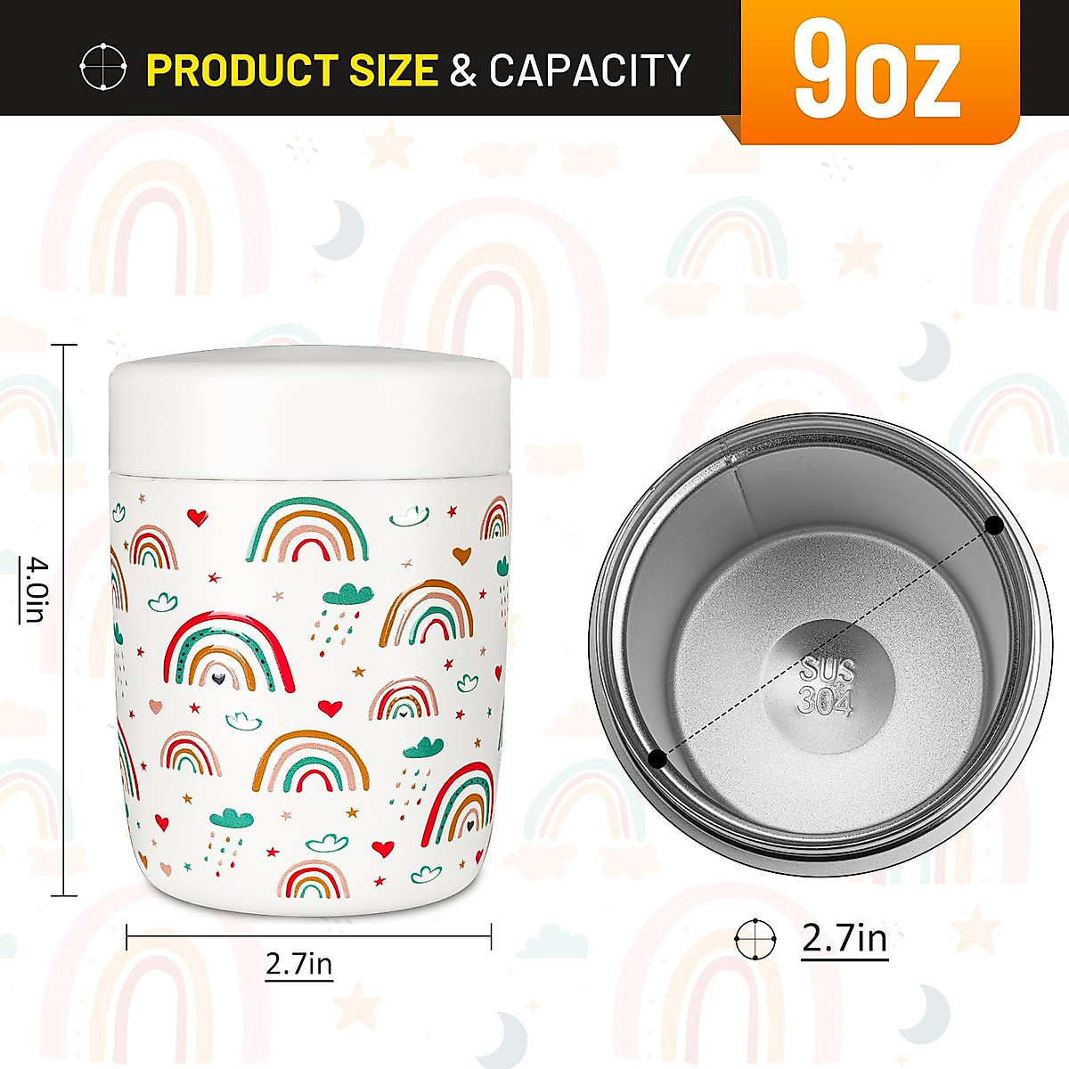 Charcy 9oz Stainless Steel Vacuum Insulated Kids Food Jar - Soup Thermo for Hot & Cold Food - White Rainbow