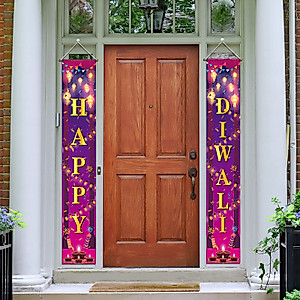 ANVAVO Happy Diwali Hanging Banner Festival of Lights Porch Sign Banner Polyester Diwali Wall Banner Outdoor Decor Indian Diwali Party Supplies