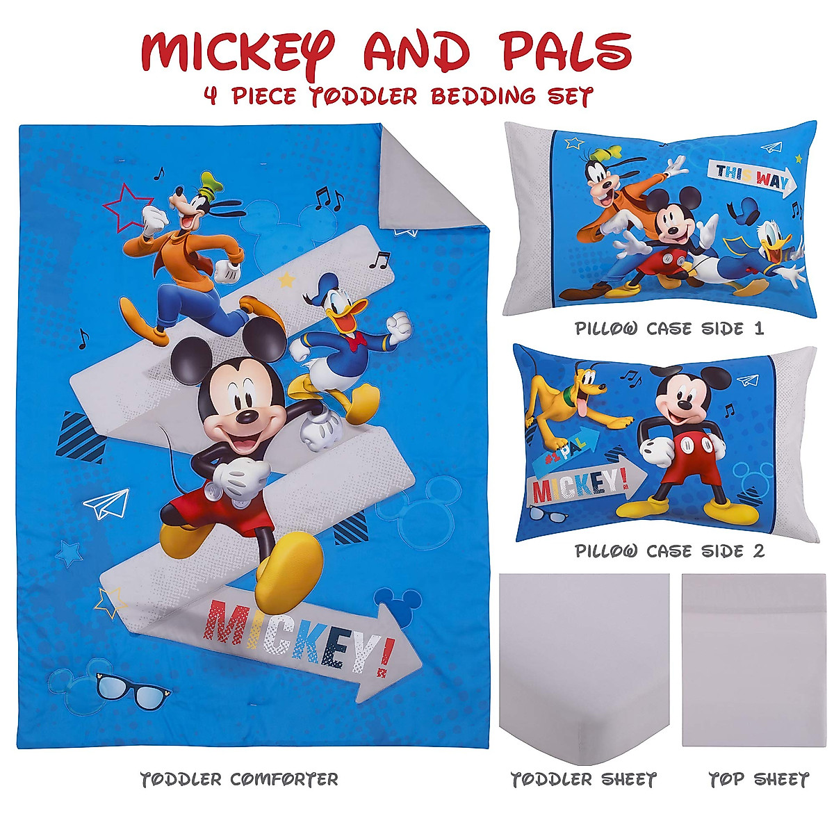 Mickey Mouse Toddler Bedding Set - Disney Mickey Mouse and Pals 4 Piece Bedding Includes Fitted Sheet, Pillowcase, Top Sheet, and Comforter Quilt - Blue