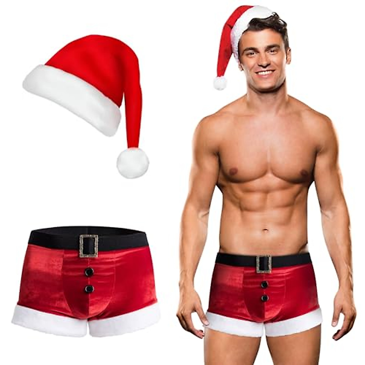 RSLOVE Men's Christmas Lingerie Set Sexy Santa Outfits 2PCS Red Boxers Holiday Briefs Underwear With Hat S