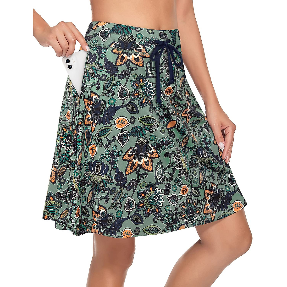 BLEVONH Tennis Skirts for Women High Waisted, Womens Golf Skirt 20" Knee Length Drawstring Skorts Skirts for Women Short Skirts with Pockets Orange Flower M