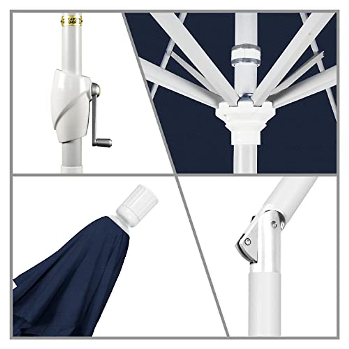 California Umbrella 9' Round Aluminum Market Umbrella, Crank Lift, Push Button Tilt, White Pole, Navy Blue Olefin