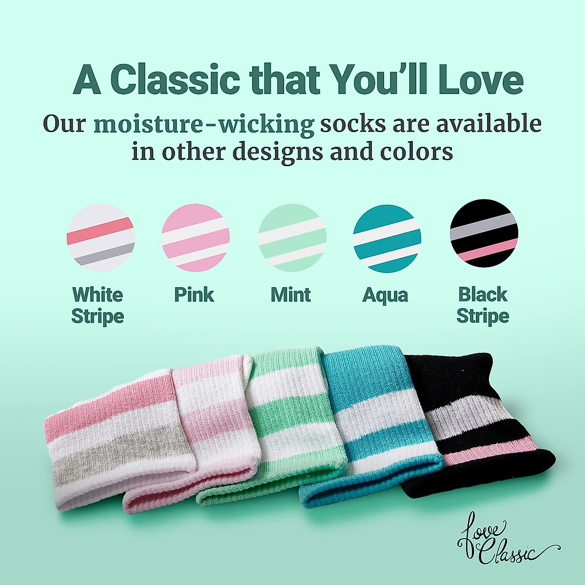Love Classic, Mint, Medium-Large, Light Weight Compression Athletic Crew Socks for Women
