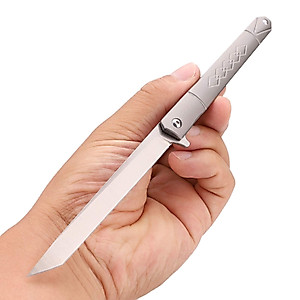 Samior GDT035 Small Slim Folding Pocket Flipper Knife, 3.5 inch Satin D2 Tanto Blade, Slender Grey Titanium Handle Frame Lock Pocket Clip, EDC Gentleman's Sleek Knives