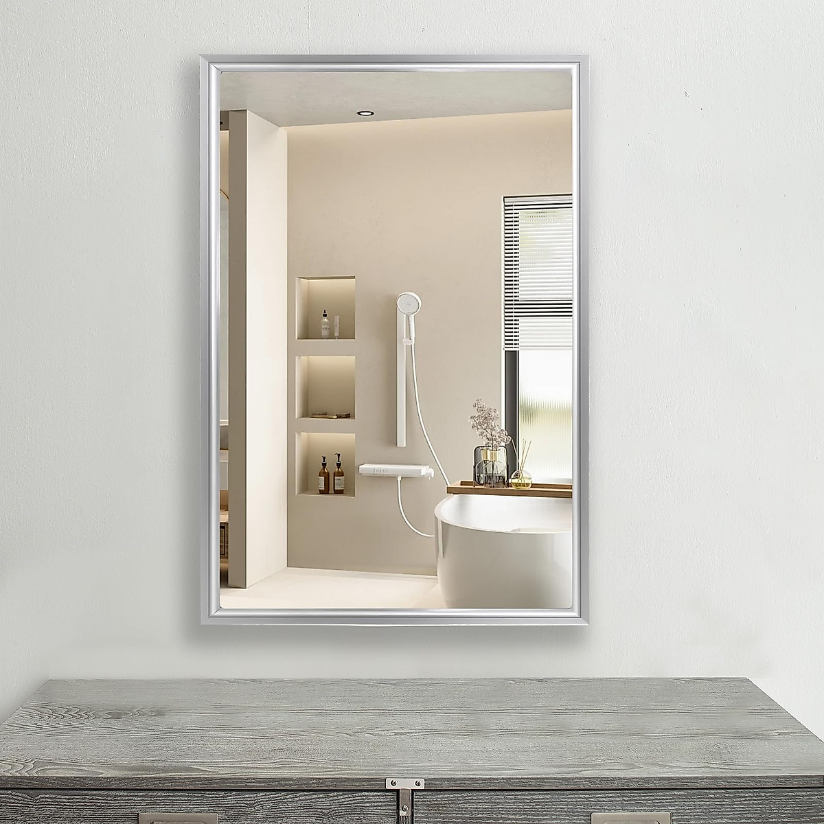 FOMAYKO Bathroom Medicine Cabinet with Mirror, Recess or Surface Mount Bathroom Vanity Mirror Cabinet,Single Door Cabinet Famerhouse Bathroom Mirror with Storage Cabinet (Brush Silver, 16"x26")