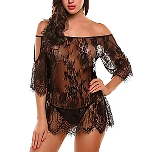 Avidlove Women Chemises Lace Smock Lingerie Mini Babydoll S-4XL Black