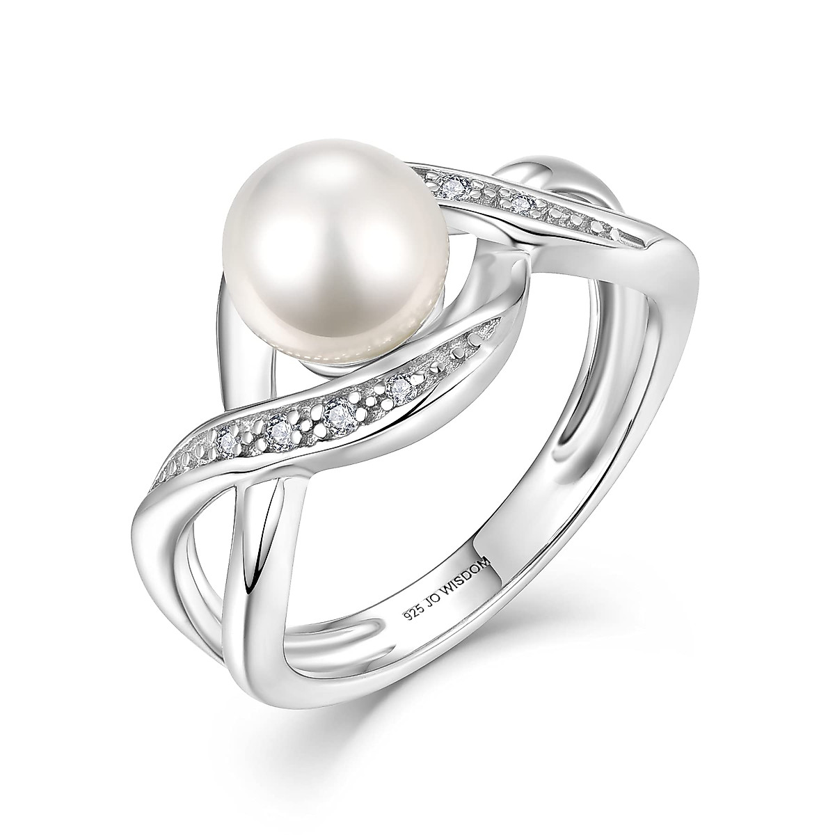 JO WISDOM Women Pearl Ring,925 Sterling Silver Cubic Zirconia Infinity Pearl Ring with 7mm Round White Pearl Ring size 8