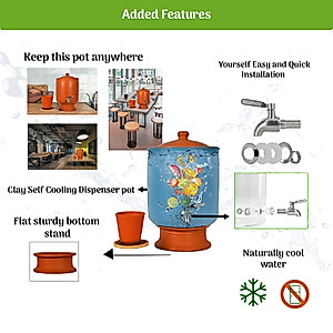 Village Decor Handmade Earthen Clay water pot | Water Dispenser Includes Clay Lid, Glass and Stand, Wooden Coaster and Stainless Steel Faucet. Capacity 7000 ml 236 oz.