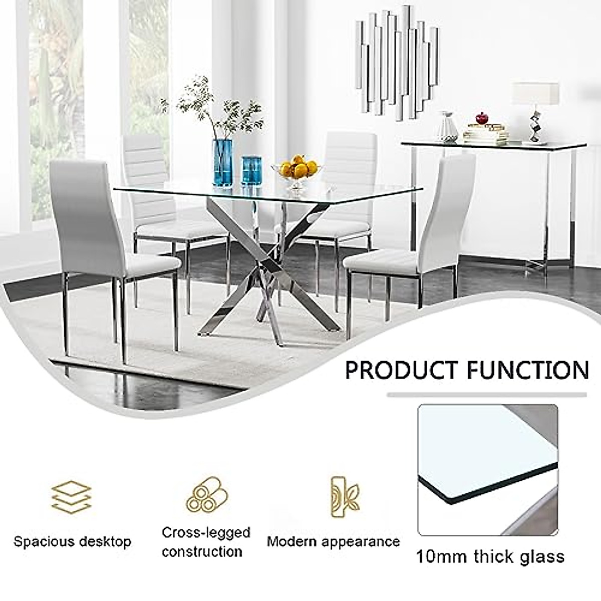 NIERN Glass Dining Table Set for 4, Modern 5-Piece Rectangular Kitchen Table Set with 4 upholstered high-Back Chairs for Kitchen Dining Room (White Table with White Chair)