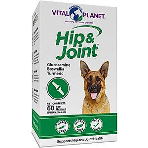 Vital Planet - Natural Hip and Joint Supplement for Dogs - Potent Herbal Blend with Green Lipped Mussel, MSM and Glucosamine Beef Flavor (60 Chewable Tabs)