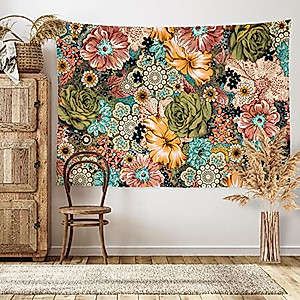 chiinvent Colorful Floral Tapestry Boho Flower Wall Hanging Multi Color Bohemian Flowers Plant Tapestries Botanical Nature Scenery Aesthetic Tapestry Decor for Bedroom Home Party, 59.1" x 82.7"