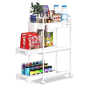 SPACEKEEPER Rolling Storage Cart, Slide Out Bathroom Organizer 3-Tier Laundry Room Organization Shelf Mobile Utility Cart with Hanging Cups, Dividers for Kitchen Bathroom Narrow Spaces, White