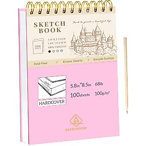 Yoment Sketchbook for Drawing Top Spiral Bound Sketch Pad for Kids 5.5" x 8.5" Hardcover Sketch Book(68lb/100gsm) Small Artist Drawing Blank Paper Notebook for Painting Sketching Pad with Pencil, Pink