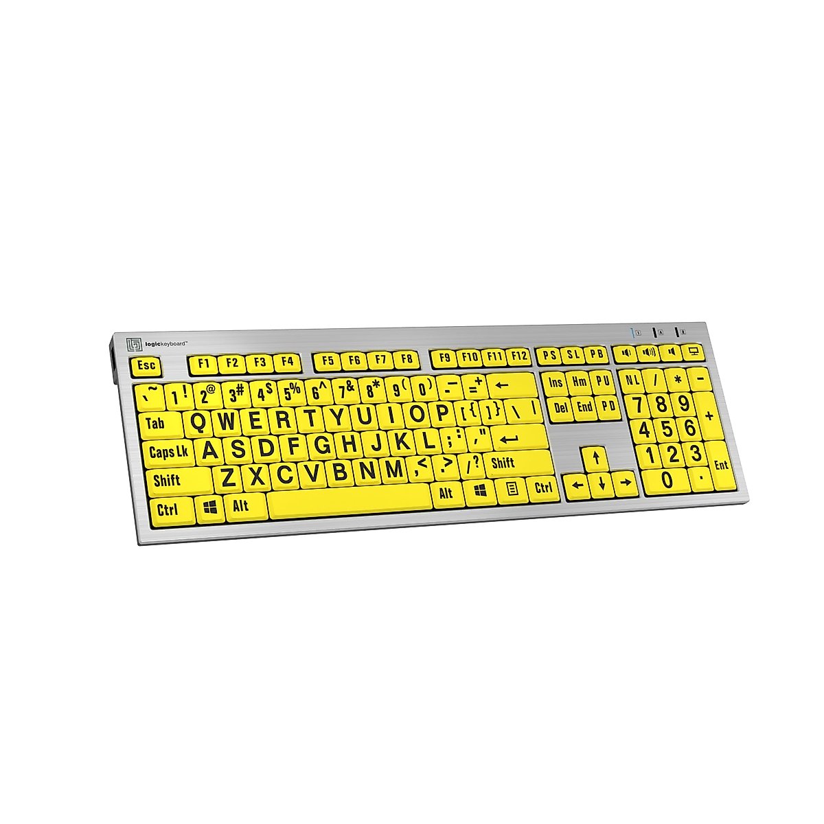 Logickeyboard 'Slimline' with Large Print • Black Letters on Yellow Keys • Made for Windows PC • Including LogicLight Lamp • p/n LKBU-LPRNTBY-AJPU-US