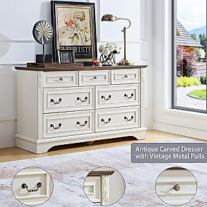 BOSHIRO Farmhouse 7 Drawers Dresser, Dressers for Bedroom, 54" Wide Wood Rustic Chest of Drawers with Carved Pilasters, Storage Organizer, Living Room, Hallway, Antique White