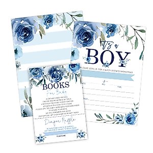 Boy Baby Shower Invitations with Book Request and Diaper Raffle Card, Blue Baby Sprinkle, 20 Fill in Invites