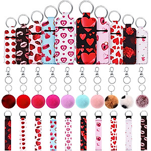 Junkin 40 Pcs Lipstick Holder Keychain Lip Holder Keychain Clip on Lipstick Pouch Fluffy Ball Keychain with Keyring (Heart Style)