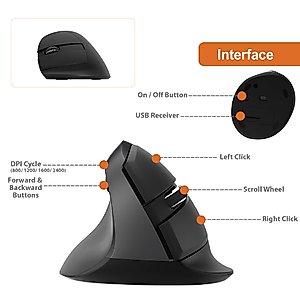 J-Tech Digital Ergonomic Left Hand Mouse with Wireless Connection, AA Battery, 2.4GHz Nano Transceiver, 800, 1200, 1600, 2400 Adjustable DPI; Compatible with Windows and MAC OS [V628ML]