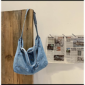 Large-capacity canvas bag women's diagonal denim Korean style large bag cloth bag student shoulder bag (Light blue)
