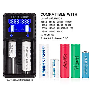 EASTSHINE Universal Smart Battery Charger 2 Slots for Rechargeable Batteries 1.2V Ni-MH Ni-Cd AA AAA C 3.2V LiFePO4 3.7V Li-ion IMR 18650 26650 21700 16340 14500 18500 10440 18350 RCR123A UL Listed