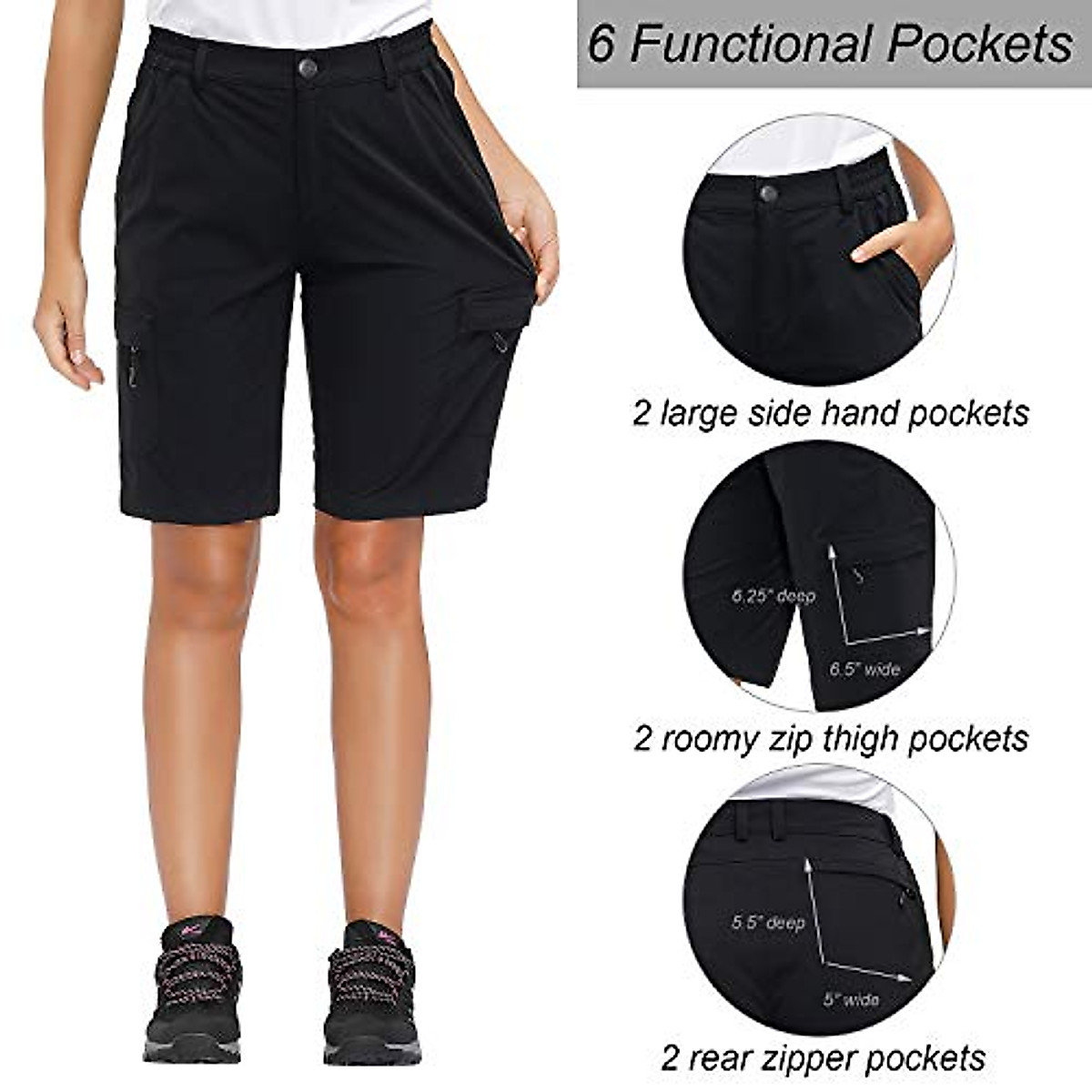 Libin Women's Lightweight Hiking Shorts Quick Dry Cargo Shorts Summer Travel Golf Shorts Outdoor Water Resistant Black S