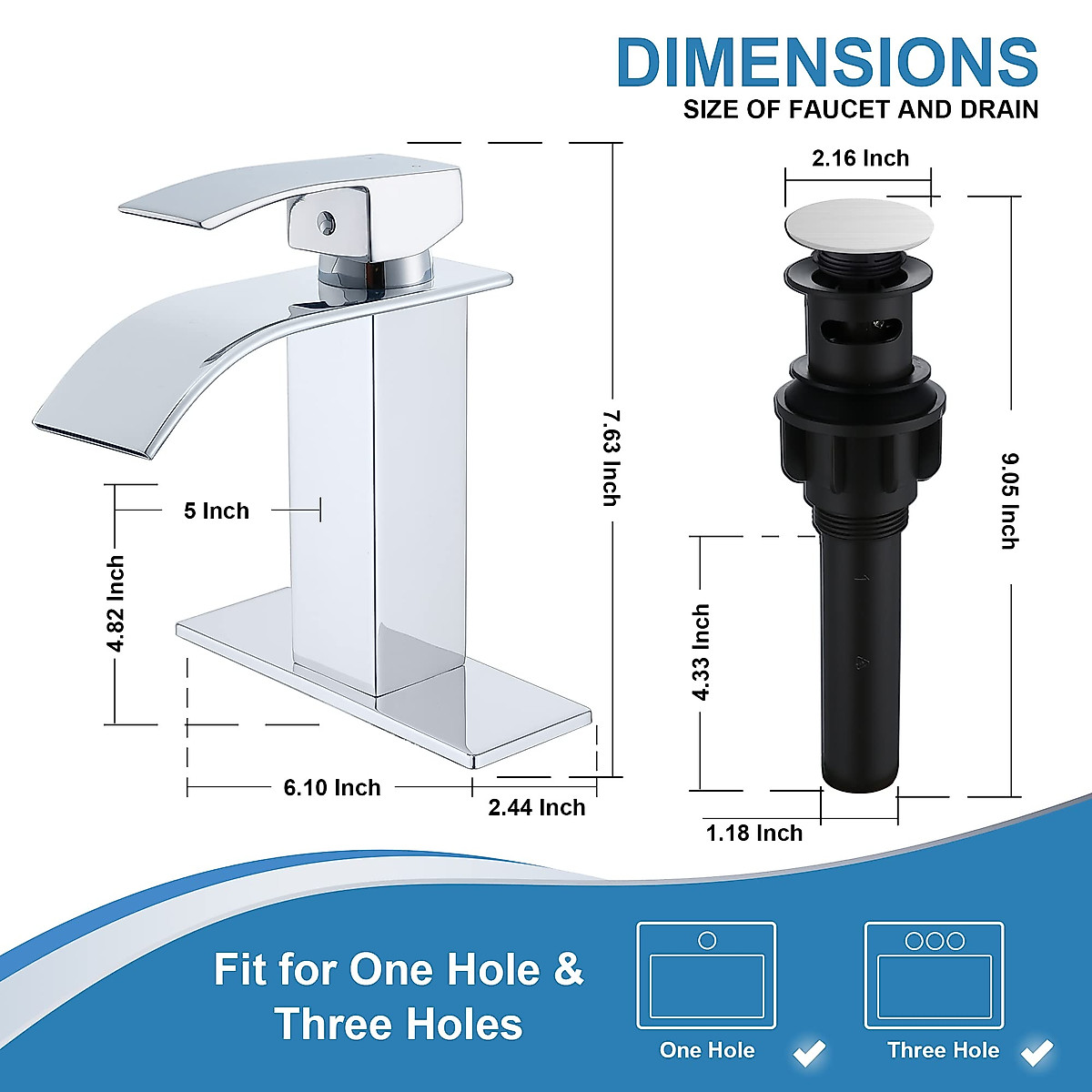PHICHI Chrome Bathroom Faucet Waterfall Single Handle 1 or 3 Hole Faucet, Commercial Modern Lavatory Tap with Pop-up Drain and Deck Plate