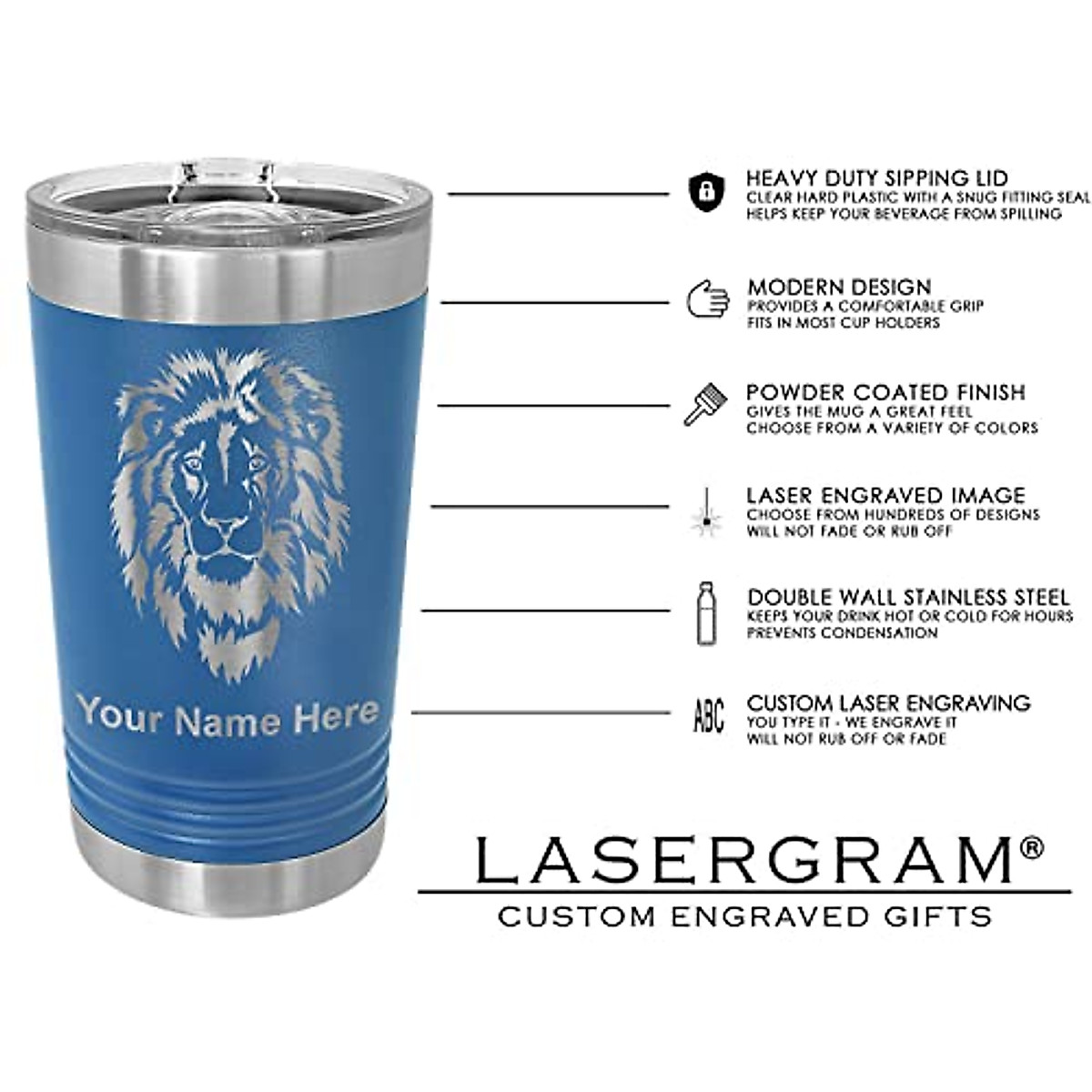 LaserGram 16oz Vacuum Insulated Pint Tumbler, Alien Head, Personalized Engraving Included (Dark Blue)