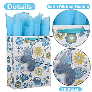 13" Large Turquoise and Yellow Gift Bag Set with Greeting Card and Tissue Paper(3D Butterfly) for Celebrating Birthdays, Baby Shower, Mother's Day, Weddings, Anniversary, Valentine's Day - 10.2”x5.2”x13”, 1 Pcs.