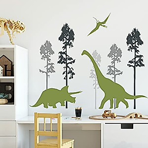 Giant Green Dinosaur Wall Decals Jungle Black Tree Wall Stickers DIY Removable Big Pin Trees Dinosaurs Nature Forest Wall Art Decor for Kids Teens Bedroom Living Room Nursery Playroom Decoration DT-67