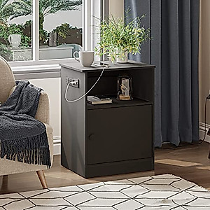 EPHEX Set of 2 End Table with USB Ports & Power Outlets, Black Nightstand with Charging Station, Side Table with Storage Cabinet for Home Office