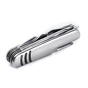 Multi Function Pocket Tools Chest Knife Stainless Steel with 11 features: knife, saw, double jagged, scissors, bottle opener, can opener, the screwdriver, file, the threading, scissors, red wine drill