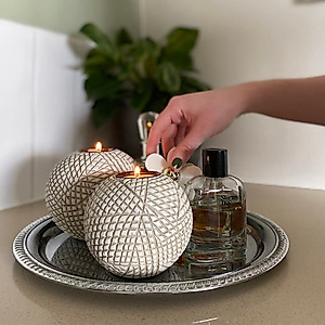 Luca Orb Candle Holders (Gift Boxed Set of 2), Table Centerpieces for Dining or Living Room, Spa, Bathroom, Kitchen Counter, Mantle or Coffee Table Decor (Grid Pattern, Beige and White)