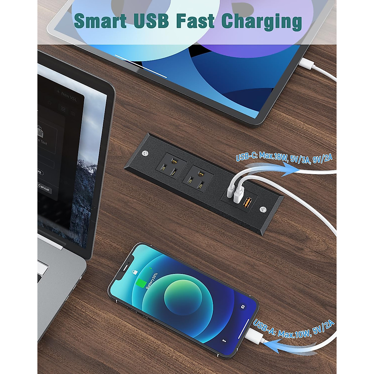 18W USB C Recessed Power Strip,Mountable Desk Outlet with 2 Outlets 3 USB Ports,Desktop Charging Station for Furniture Nightstand Side Table End Table,ETL Listed,White