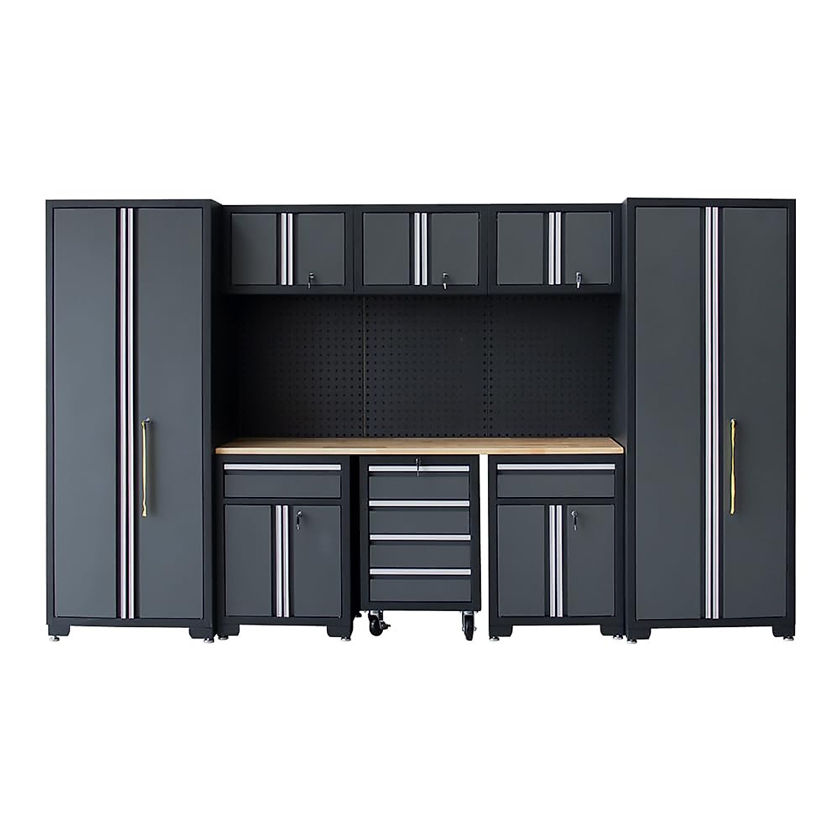 4utoHydra 9-Piece Workshop Cabinet Set w/Pegboard in Grey with Workbench - Perfect for Organizing Tools - Included Steel Cabinets Drawers Shelving Rolling Chest New