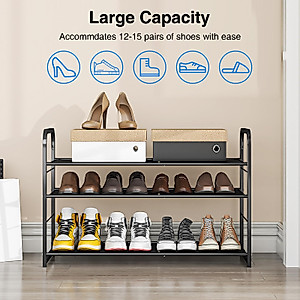 AIYAKA 3-Tier Shoe Rack Storage Organizer, Metal Stackable and Adjustable Shoe Rack for 12 Pairs of Shoes for Entryway Closet Doorway, Black