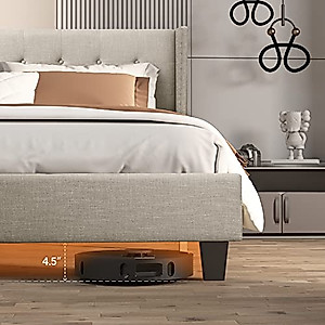 BONSOIR Bed Frame Upholstered Traditional Low Profile Platform with Wing Back Headboard/No Box Spring Needed/No Bed Skirt Needed/Linen Fabric Upholstery/Sand (Sand, King Size)