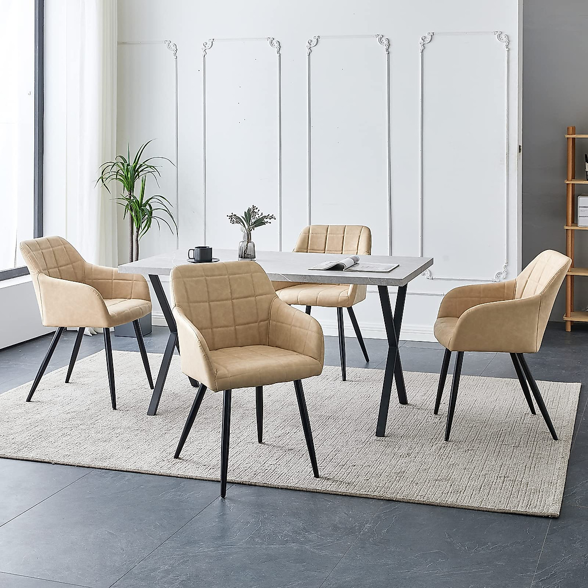 CLIPOP Faux Leather Accent Dining Chairs Set of 4, Upholstered Modern Kitchen Chairs with Arms, Metal Legs, Backrest, Leisure Armchairs for Living Room Office Cafe Restaurant Home Funiture, Beige