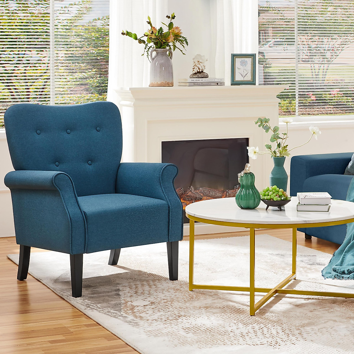 Yaheetech Modern Armchair, Mid Century Accent Chair with Sturdy Wood Legs and High Back for Small Space, Upholstered Fabric Sofa Club Chair for Living Room/Bedroom/Office, Navy Blue