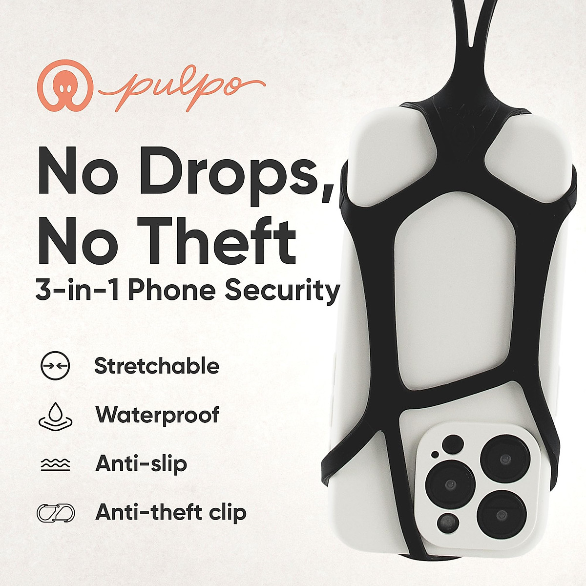 Pulpo Safety Cell Phone Lanyard Black Fits Smartphones 6.1" to 6.8” - Anti Theft Phone Strap for Men & Women, Lanyards for Phones, Ski Cellphone Tether & Cellphone Lanyard, Silicone Crossbody Straps