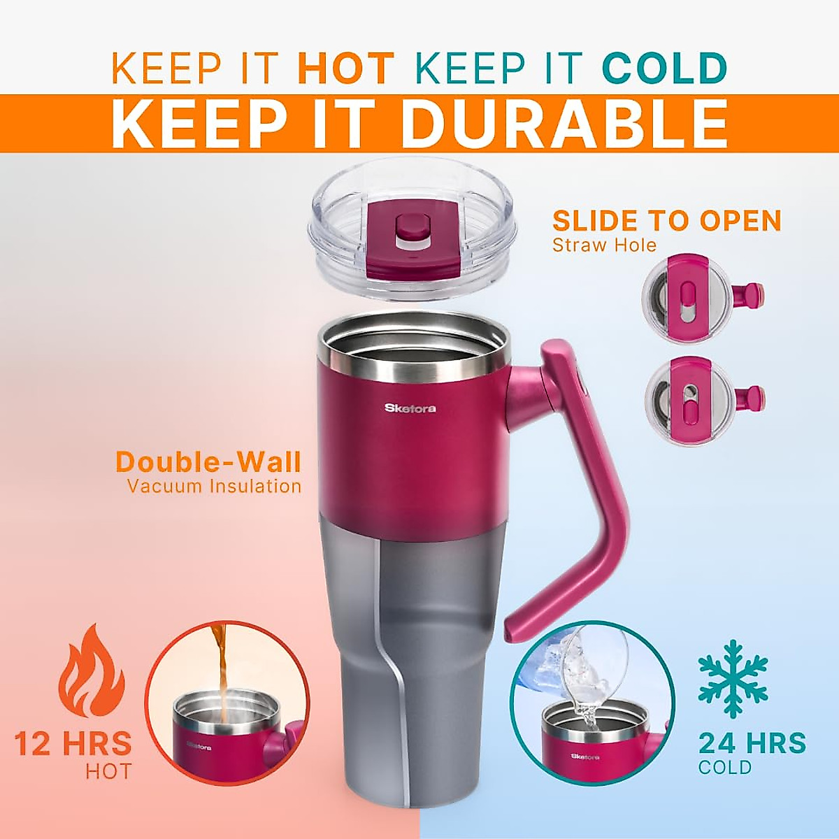 SKETORA 32 oz Tumbler with Rotatable Handle & 3 in 1 Sliding Lid - Stainless Steel Travel Coffee Mug for Hot & Cold Drinks (Soft Lavender)