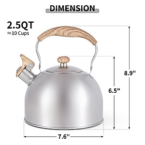 LONFFERY Tea Kettle, 2.5 Quart Whistling Tea Kettle, Tea Pots for Stove Top Food Grade Stainless Steel with Wood Pattern Folding Handle - Silvery