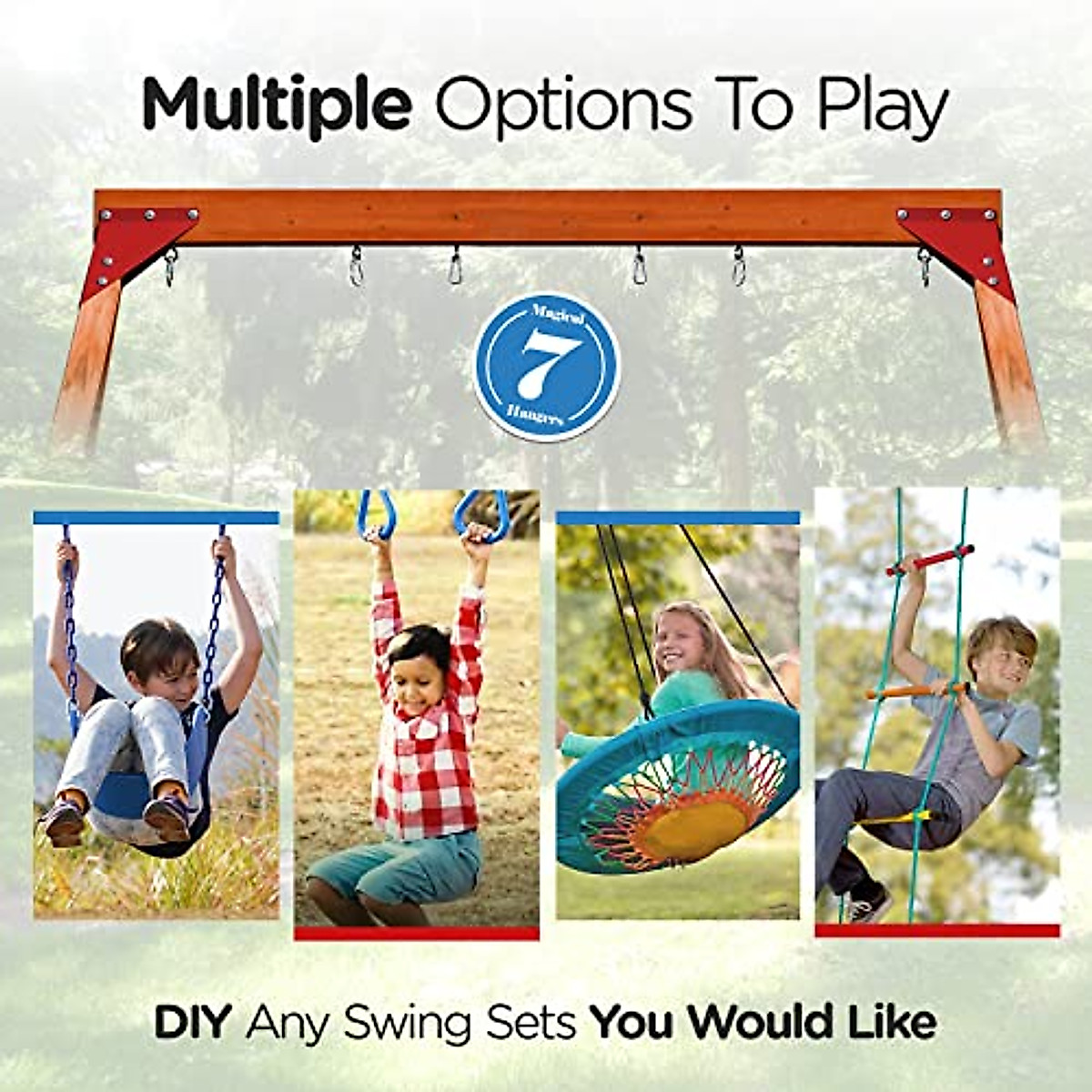Dolphin Playground Wooden Swing Sets for Backyard, Family DIY Kit for Any Swings, Outdoor Playset for Kids with Trapeze Swing Bar and 2 Belt Swings, Heavy Duty Playground Accessories, Ages 3-12