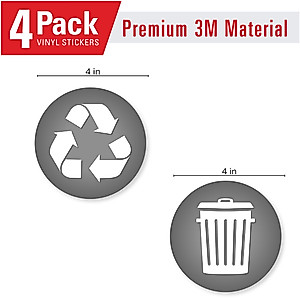 Recycle and Trash Logo Stickers 4 Pack - 4in Circle - for Metal or Plastic Garbage cans, and Bins - Indoor & Outdoor - Laminated and UV Protected Premium Decal (Grey, Small)