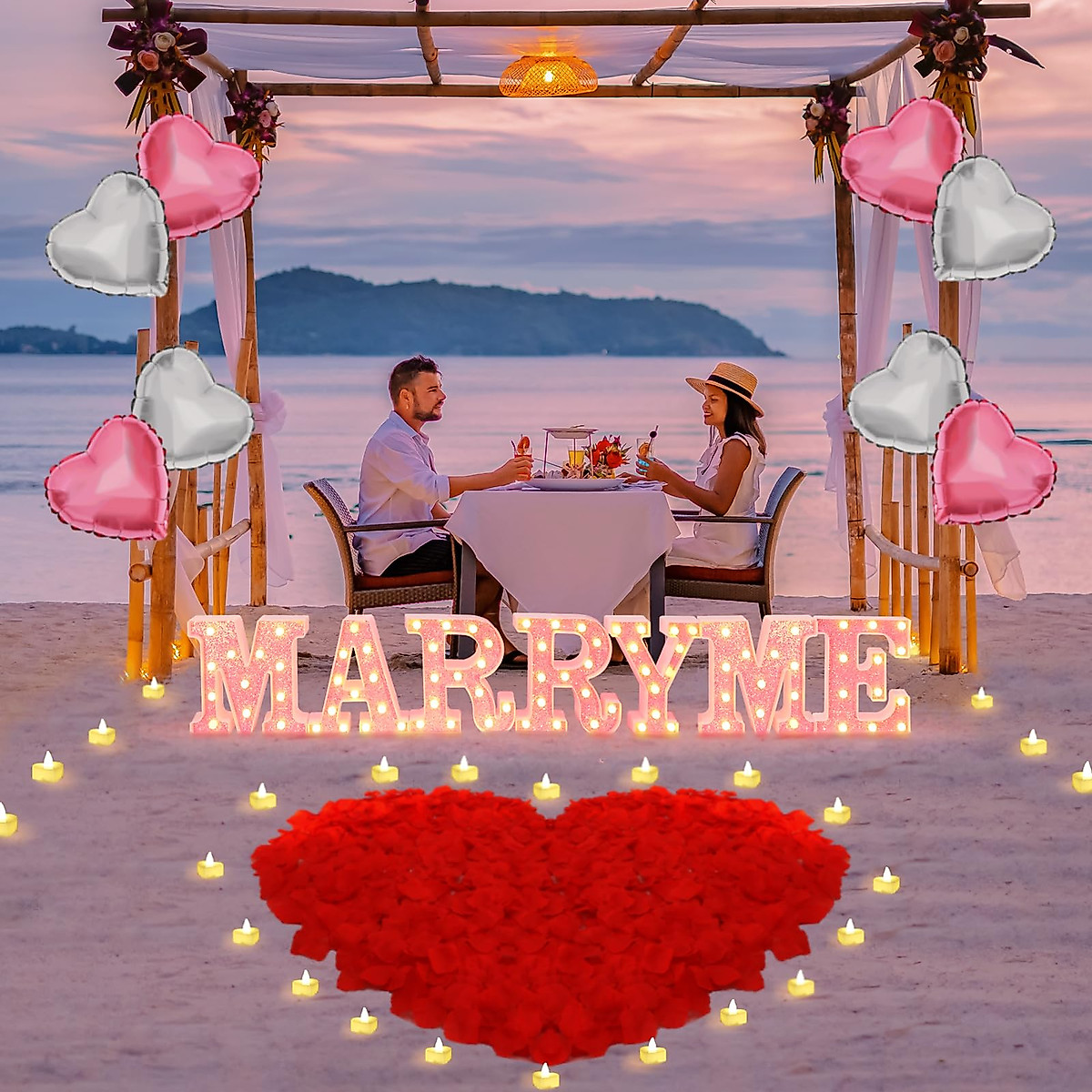 WLLEYAY Marry Me Sign Large Proposal Decorations Light Up Letters with 2000 Pcs Rose Petals and 24 Romantic LED Flameless Candles Love Balloons Kit for Valentines Day Engagement Wedding Outdoor Decor
