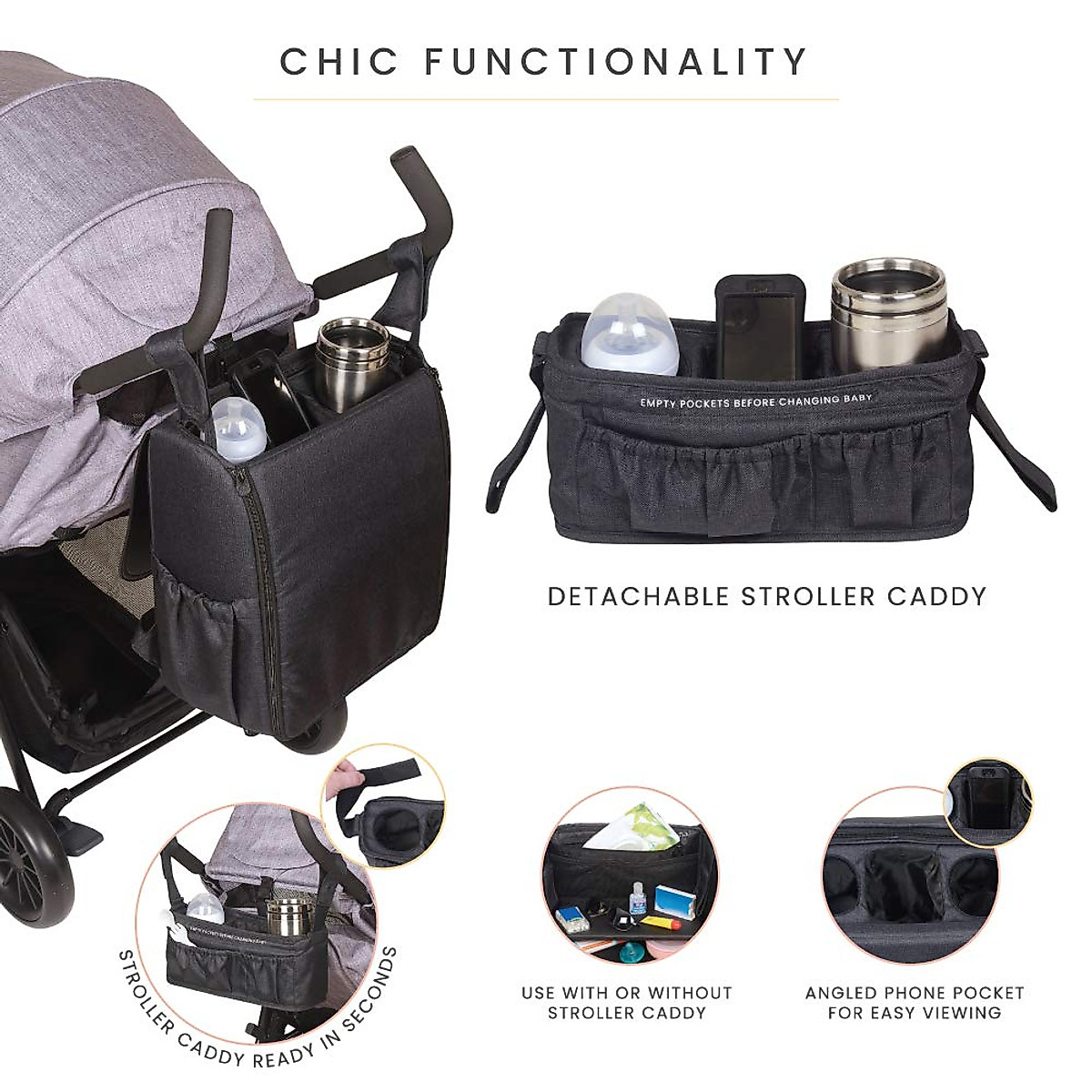 Lulyboo Diaper Bag Convertible Backpack, Full Open Cabinet and Padded Changing Station, Removable Caddy with Two Drink Holders and Angled Cell Phone Storage for Easy Viewing, Black