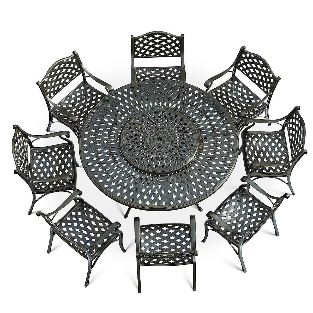 VIVIJASON 9-Piece Patio Dining Set, Rust-Free Cast Aluminum Outdoor Furniture Set, 8 Patio Dining Chairs and 61" Round Dining Table with 31" Lazy Susan, Umbrella Hole for Backyard, Patio, Garden