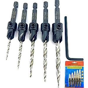 FTG USA Adjustable Wood Countersink Drill Bit Set 5 Pc Countersink Drill Bit #4#6#8#10#12 Tapered Drill Bits for Woodworking