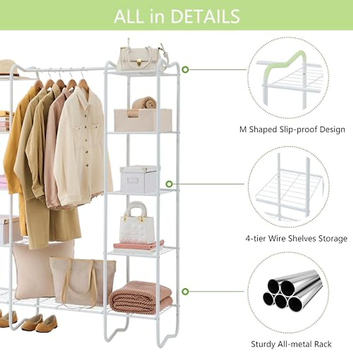 Gewudraw Wardrobe Closet with 8 Metal Shelves, Freestanding Garment Rack, Heavy Duty Clothing Rack For Hanging Clothes, Portable Clothes Rack, Closet Organizer White