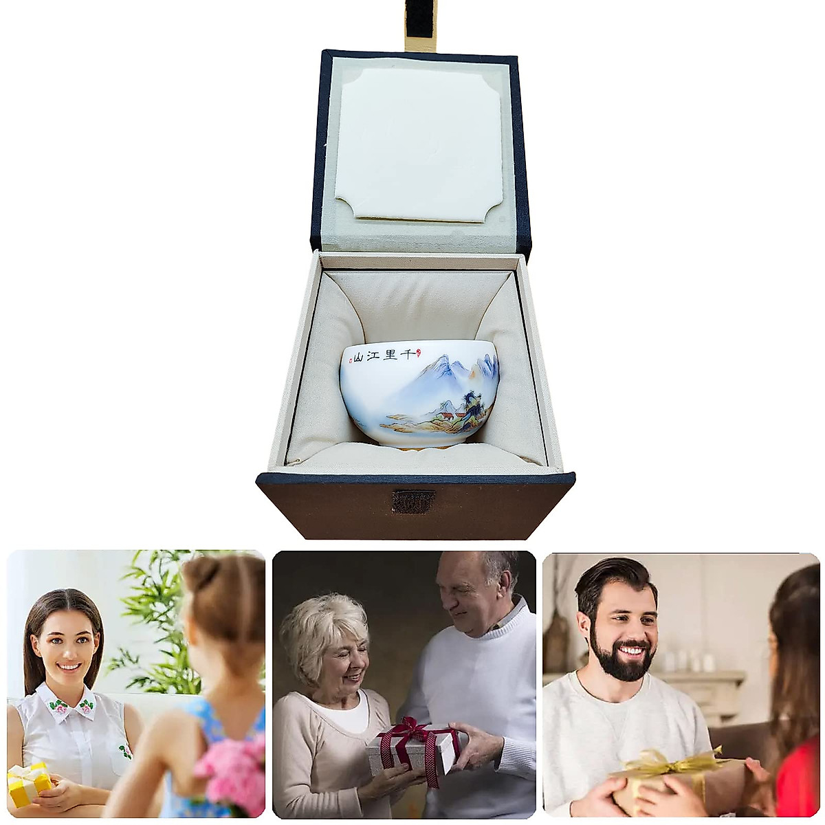 WSCGLCF Ceramic teacup, small white porcelain teacups, kung fu teacups, Chinese landscape design, beautifully handcrafted. Gift boxed, 3oz.